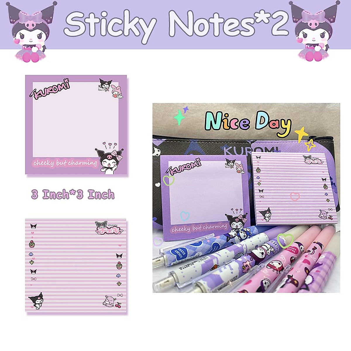 Cartoon Kawaii Set Including Bookmarks Pens Card Holders with Lanyard Sticky Note Ruler Stickers Button Badges Keychain