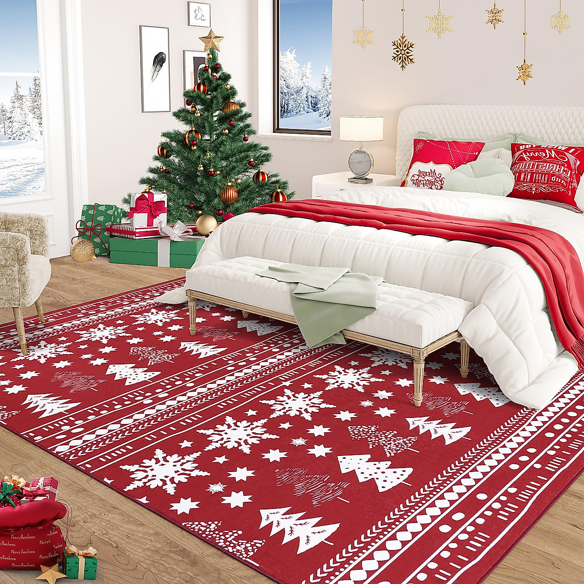 Auemtyn Area Rug, 8x10 Christmas Rug for Living Room, Christmas Area Rug with Non-Slip Backing, Stain Resistant Snowflake Rug for Bedroom,Ultra-Thin Washable Rug for Christmas Decor(8'x10', Red)