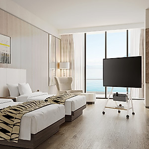 FITUEYES Design Mobile TV Stand for 46 55 60 65 Inch TV, Rolling TV Cart Floor Stand with Mount for Living Room Office Hotel, Modern Corner TV Stand with Wooden Storage Shelves, Collector Series