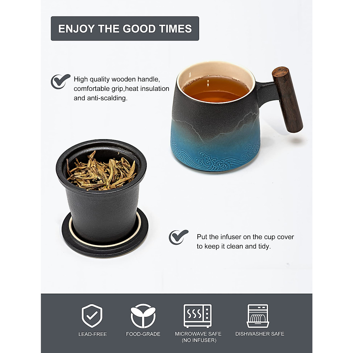 suyika Ceramic Tea Cup with Infuser and Lid Tea Mugs Wooden Handle for Steeping Loose Leaf Tea 400ml, 13.5 oz, Gradient Navy Blue & Black