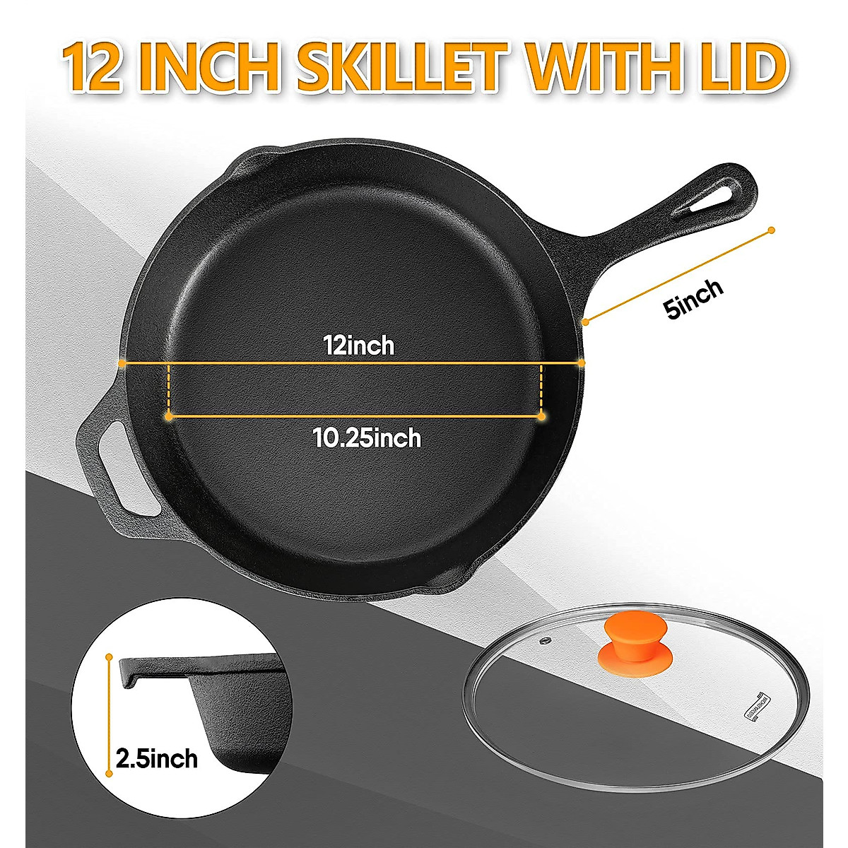 MICHELANGELO Cast Iron Skillet, 12 Inch Cast Iron Skillet With Lid, Preseasoned Large Skillet Oven Safe, Iron Skillets for Cooking with Silicone Handle & Scrapers - 12 Inch