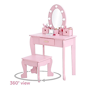 ShiningLove Kids Vanity Set with Mirror,Kids Vanity Table and Chair Set Girls' Makeup Dressing Table with Lights & Wood Makeup Playset for Age 4-9 Years