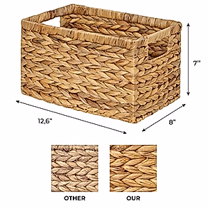 BARIEN Set of 6 Natural Water Hyacinth Storage Baskets 12.6” x 8” x 7”, Rectangular Wicker Basket with Built-in Handles, Medium (Natural - Set of 6)