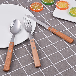 Lnrkai Cutlery Sets of 6, Dinner Spoons, Knife and Fork Set, Stainless Steel with Wooden Wide Handles, Flatware Set Tableware Dinnerware, Service for 2 Adult