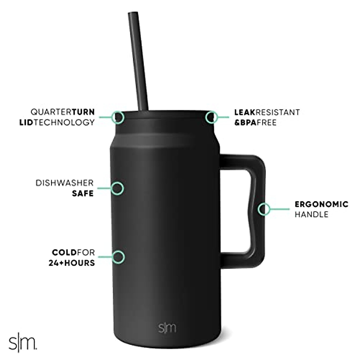Simple Modern 50 oz Mug Tumbler with Handle and Straw Lid | Reusable Insulated Stainless Steel Large Travel Jug Water Bottle | Gifts for Women Men Him Her | Trek Collection | 50oz | Midnight Black