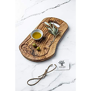 SOLTAKO Olive Wood Cutting Steak Board, Wooden Charcuterie Board, Large Cheese Board, Hand Made Serving Platter, Rustic Chopping Board with Juice Groove, Chopping Board with Handle (17,7")