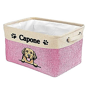 MALIHONG Personalized Foldable Storage Basket with Cute Dog Golden Retriever Collapsible Sturdy Fabric Pet Toys Storage Bin Cube with Handles for Organizing Shelf Home Closet, Pink and White