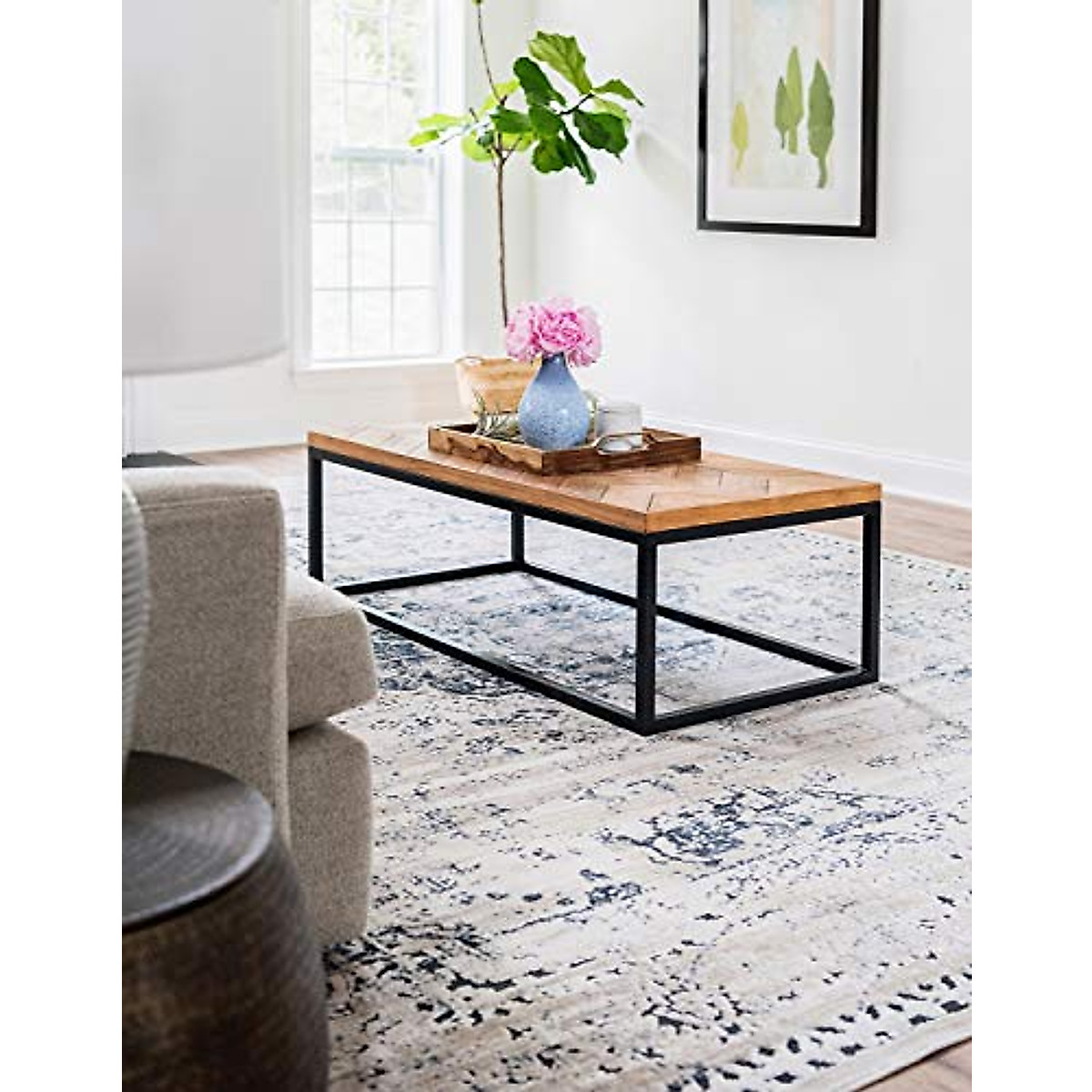Unique Loom Chateau Collection Distressed Vintage Traditional Textured Dark Blue Area Rug (8' 0 x 10' 0), beige/navy blue