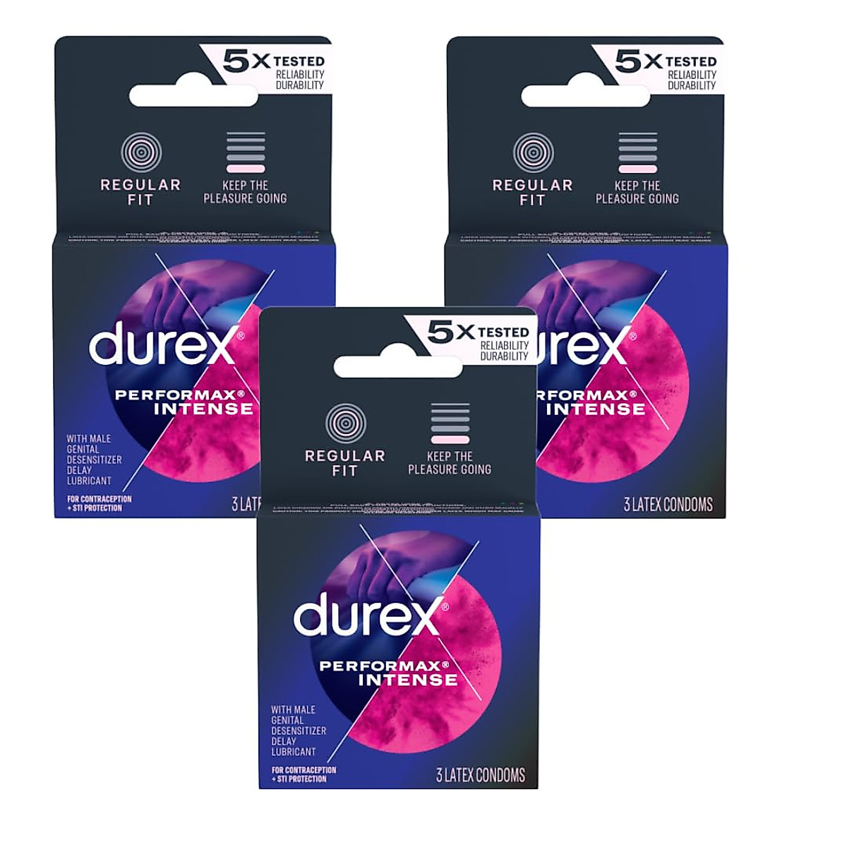 Durex Performax Intense Condoms, Ultra Fine, Ribbed, Dotted with Delay Lubricant Natural Rubber Latex Condoms for Men, FSA & HSA Eligible, 3 Count (Pack of 3)