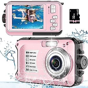 Digital Camera with 32GB Card Point and Shoot Waterproof Camera 10FT 30MP 1080P HD Video Compact Portable 16X Zoom Waterproof Digital Camera for Kids