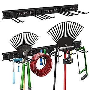 Stormann Tool Storage Rack Wall Mount Garage Tool Organizer Heavy Duty 16 Hooks Max Load to 600lbs for Power Tools, Shovels, Rakes, Brooms, Weeder, Leaf Blower ,and More