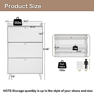 Henf White Wood Shoe Cabinet,Freestanding Shoe Rack Storage Organizer with 3 Flip Drawers and Wood Legs,Modern Slim Shoe Storage Cabinet for Entryway,Hallway