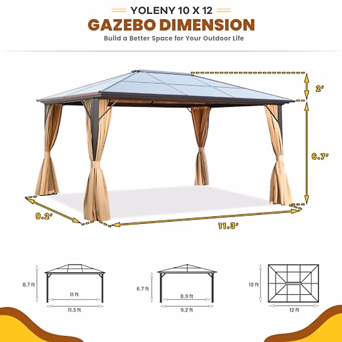 YOLENY 10'x12' Hardtop Gazebo, Outdoor Polycarbonate Roof Canopy, Aluminum Frame Permanent Pavilion with Curtains and Netting, Sunshade for Garden, Patio, Lawns