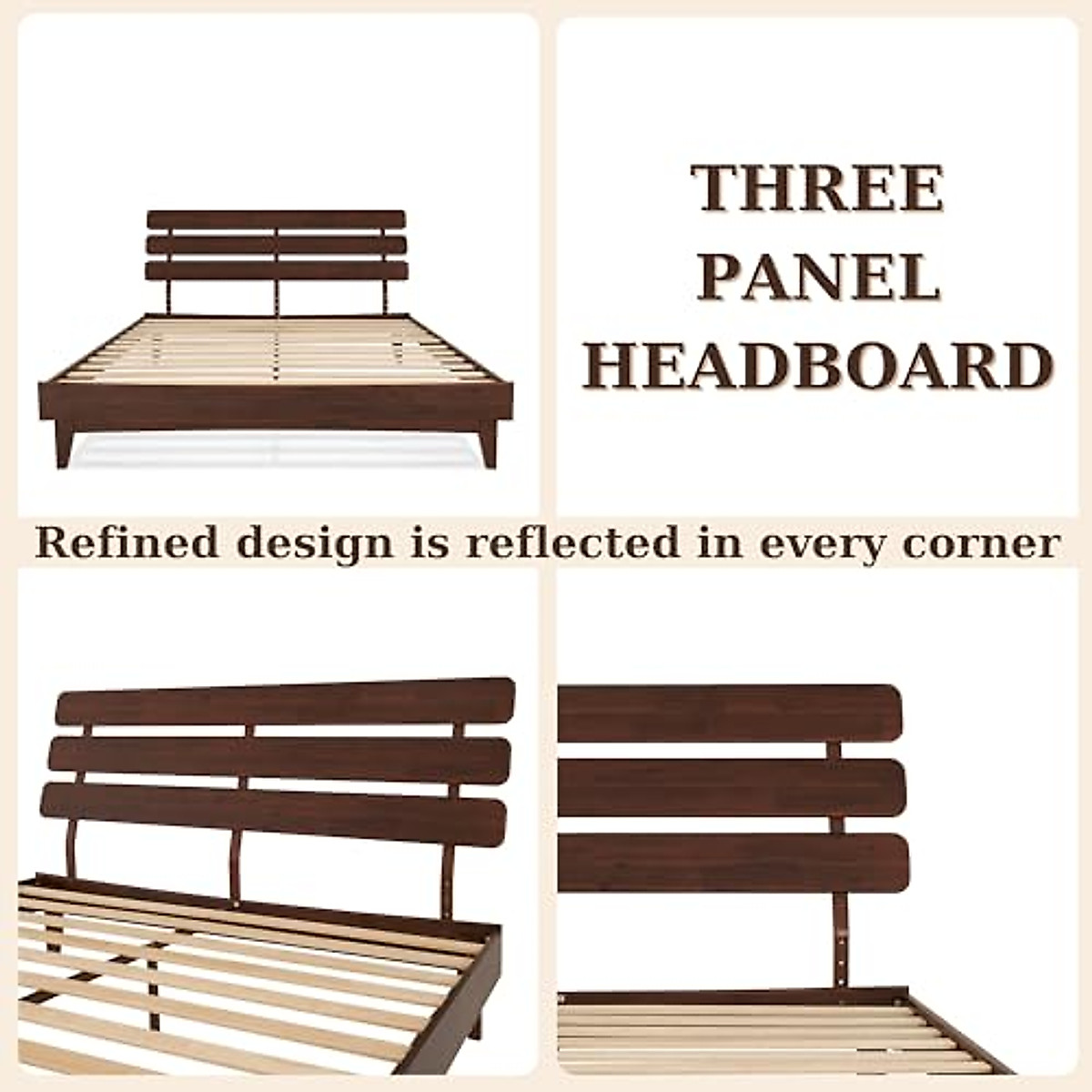 Bme Caden 15'' Bed Frame with Adjustable Headboard - Mid Century, Retro Style with Acacia Wood - No Box Spring Needed - Wood Slat Support - Easy Assembly - Walnut, King (U.S. Standard)