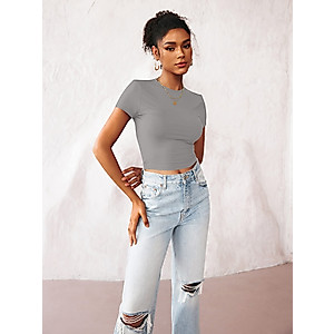 TECREW Women Cute Short Sleeve Round Neck Stretchy Athletic Gym T Shirts Crop Tops Tees, Grey, Medium