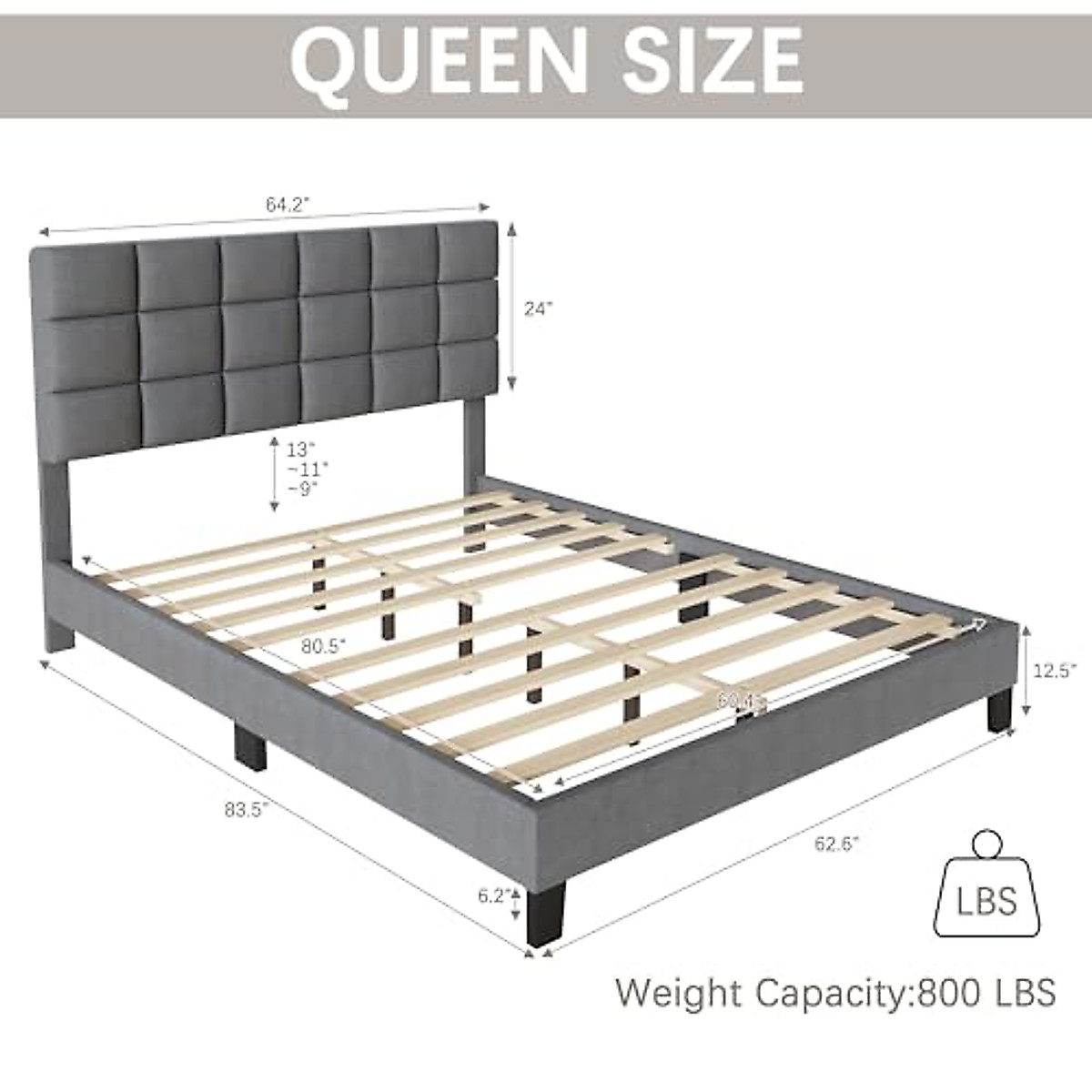 Fluest Queen Bed Frame Upholstered Bed Frame Platform with Adjustable Headboard Linen Fabric Tufted Headboard Wooden Slats Support, No Box Spring Needed, Easy Assembly, Mattress Foundation, Light Grey