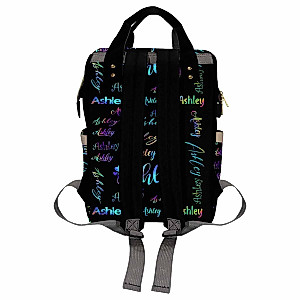 Custom Diaper Bag, Dazzle Color Name Text Logo Black Personalized Diaper Backpack with Text Mummy Nursing Baby Bags Shoulders Bag Casual Daypack Travel Bag for Mom Mother's Day