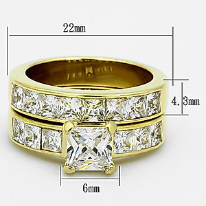 Marimor Jewelry His and Her 14K Gold Plated Stainless Steel 3 Piece Wedding Engagement Ring and Men's Band Set Women's Size 09 Men's 06mm Size 13