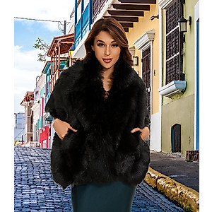 FlyGulls Women's Black Faux Fur Shawl Luxury Fur Shawls and Wraps for Evening Dresses Bridal Faux Fur Wrap for Bride and Bridesmaids Warm Fur Cape for Winter Wedding Evening Party（Black）