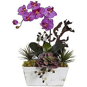 Nearly Natural 1458-OR Orchid & Succulent Garden with White Wash Planter