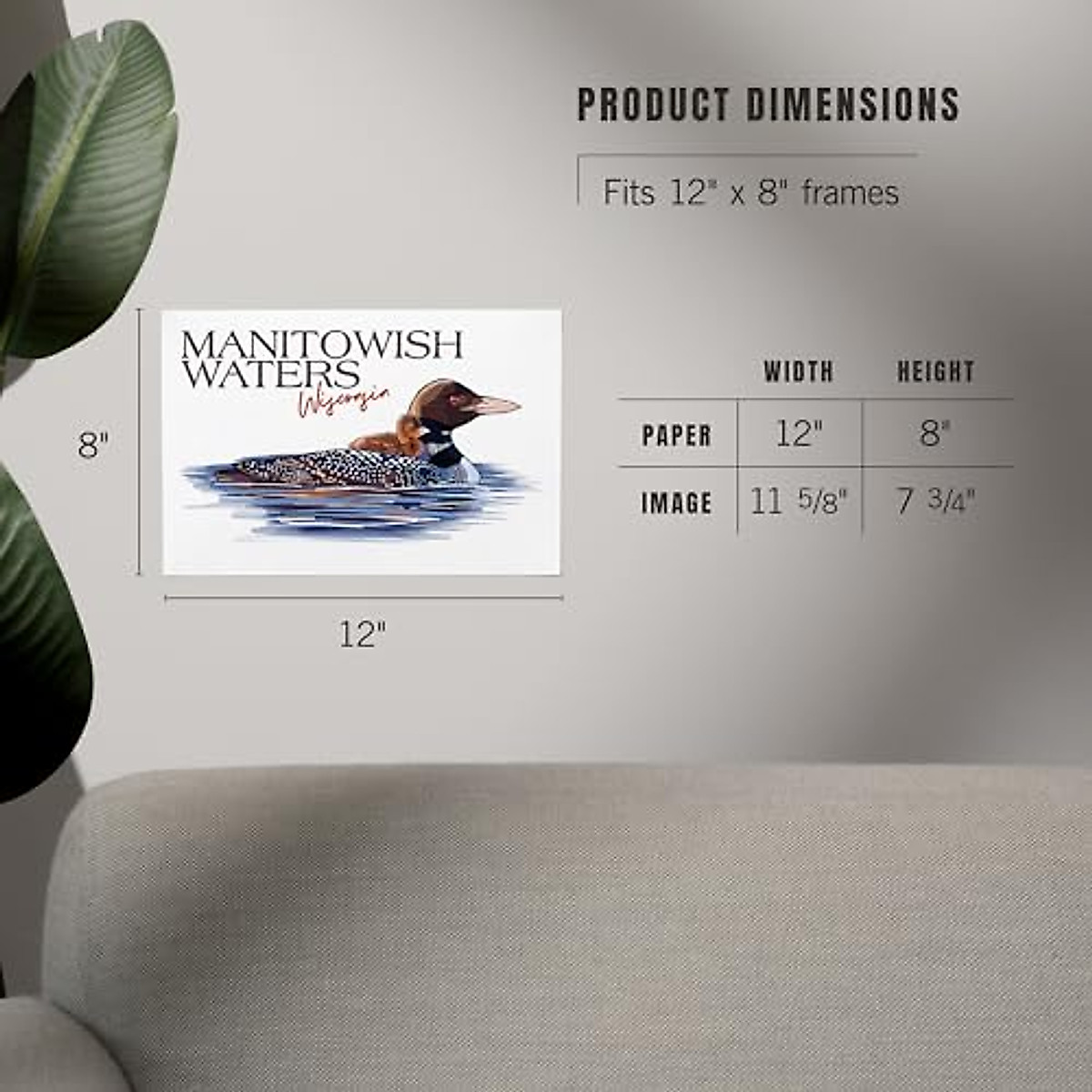 Lantern Press 8x12 Inch Art Print Wall Decor, Manitowish Waters, Wisconsin, Loon Icon