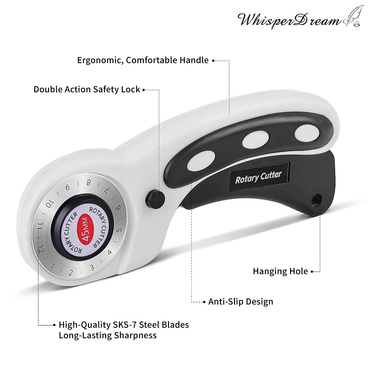 WhisperDream 45mm Rotary Cutter - White Rotary Cutter with Ergonomic Safety Design - 8 Extra Replacement Blades Included, 45mm Rotary Cutter Great for Sewing, Quilting Supplies, Fabric and Crafts