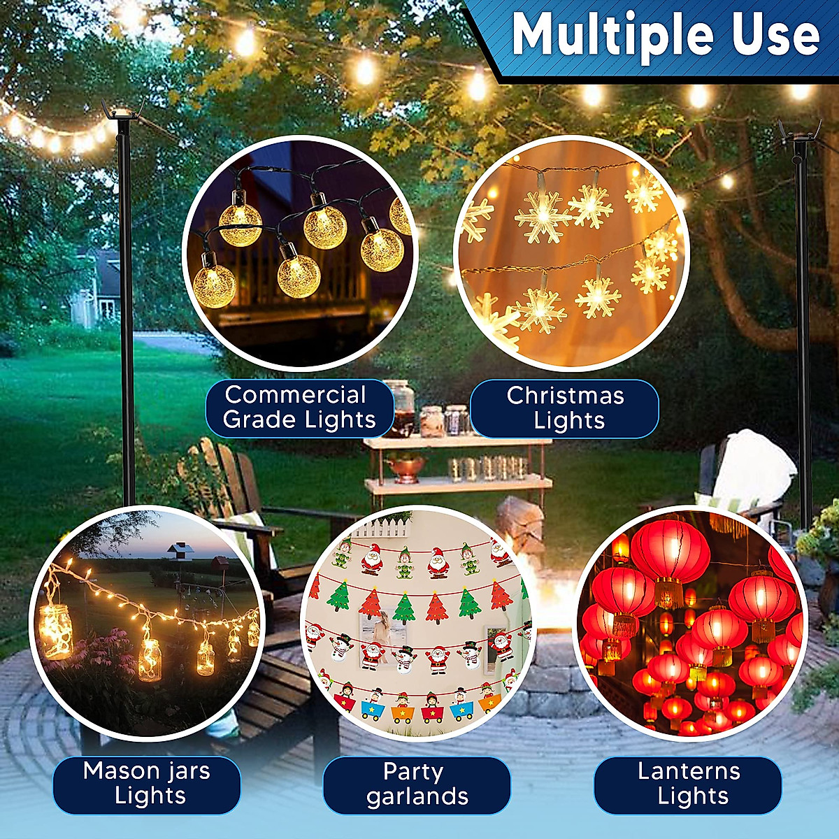 APEX LIFE String Light Poles for Outdoor Deck or Patio | 2 Pack 9FT | Black Powdered Steel Pole for Lights 5-Prong + Flat Base Options | Great for Wedding Garden Cafe Party Backyard