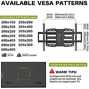 USX MOUNT Full Motion TV Wall Mount for Most 37-75 inch TV, Swivel and Tilt TV Mount with Dual Articulating Arms, Wall Mount TV Bracket Up to 132lbs, VESA 600x400mm, 16" Wood Studs, XML019