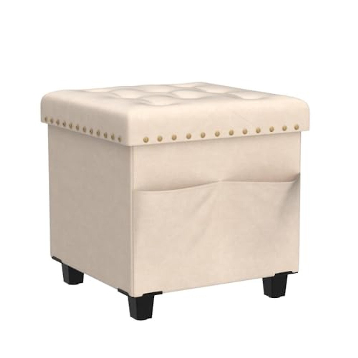 Brakki Storage Ottoman Cube Square Ottoman Foot Rest Cube with Side Pocket,15.7 Inches Storage Bench for Bedroom Living Room Linen Fabric with Wooden Legs Folding Beige Ottoman