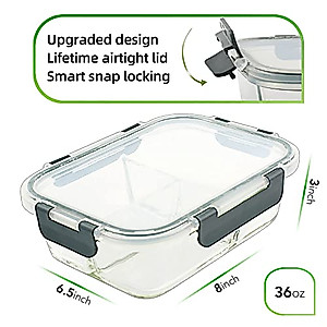 DAS TRUST [5-Packs, 36 oz] Glass Meal Prep Containers 3 Compartment with Lids, Glass Lunch Containers,Food Prep Lunch Box,Bento Box,Microwave, Oven, Freezer, Dishwasher (4.5 Cups, Gray)
