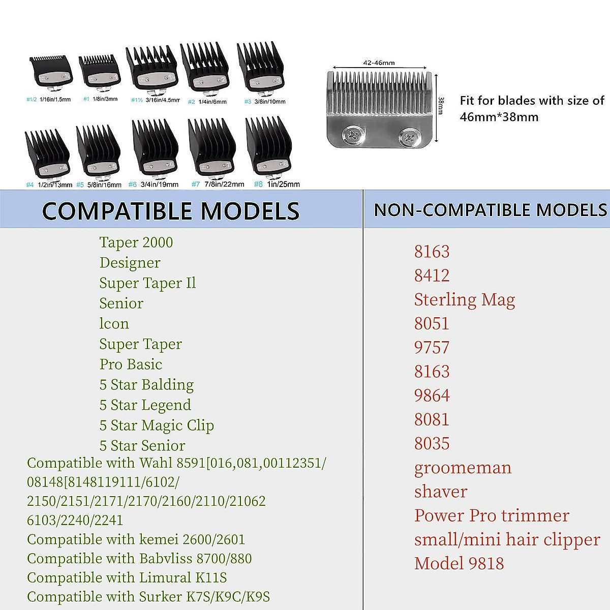 Clipper Guards Cutting Guides Compatible with Wahl Clipper with Metal Clip-from 1/16 Inch to 1 Inch(1.5-25mm)，10 Pack Black
