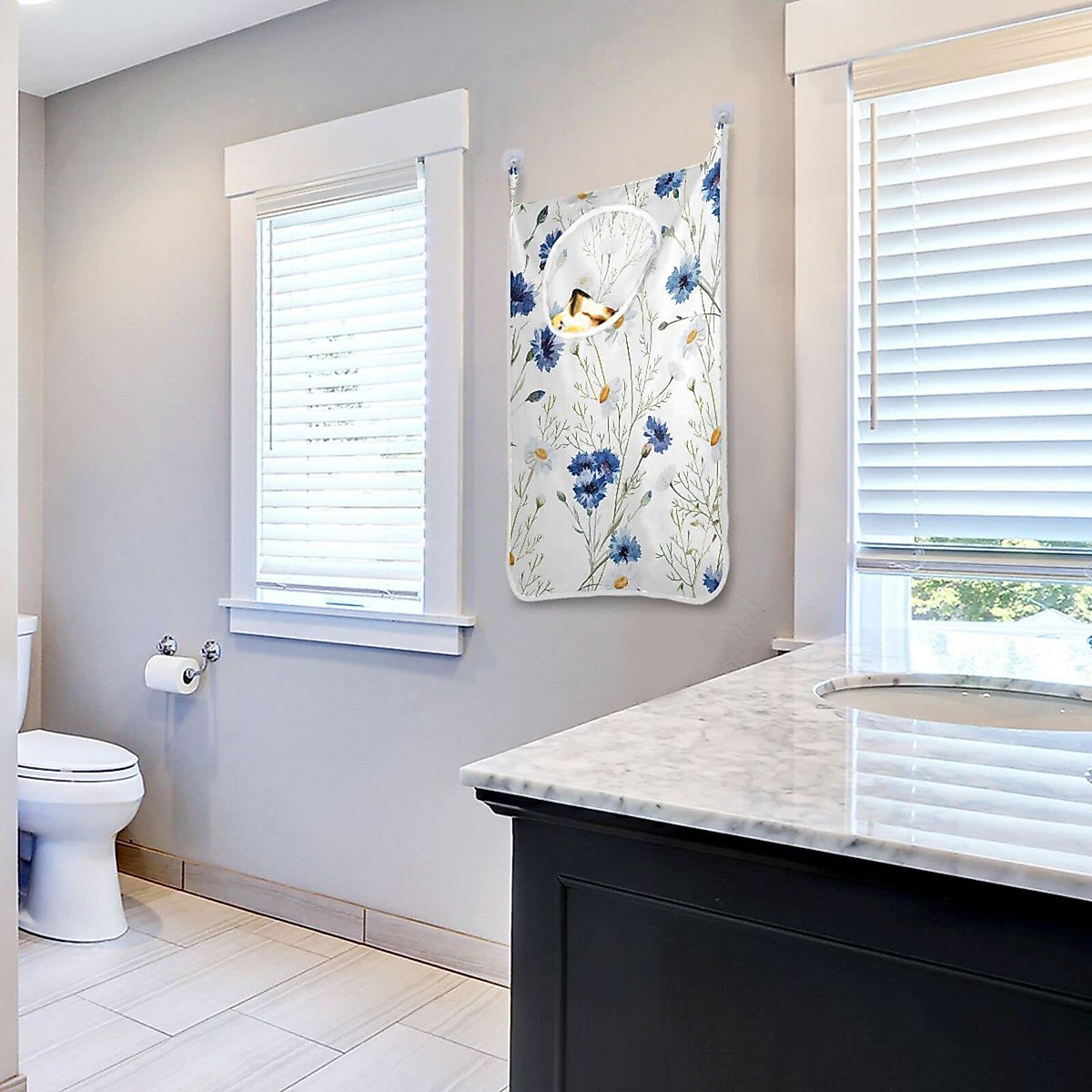 ElliTarr Door Hanging Laundry Hamper Bag with Free Adjustable Stainless Steel Hooks Dirty Clothes Hamper Extra Large Over the Door Laundry Hamper White Floral Daisy 29.5X20inch 1 PCS