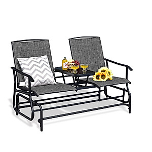 FANTASK 2 Person Outdoor Glider Bench w/Tempered Glass Table, Swing Patio Glider Chair with Steel Frame & Breathable Seat, Double Rocking Chair for Porch, Poolside, Patio, Garden (Grey)