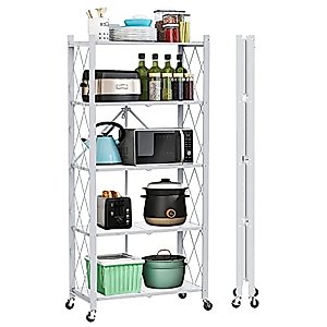 Mochubang Foldable Storage Shelves Unit, 5-Tier Folding Shelf Steel Shelving Rack Organizer Cart with Rolling Wheels for Mobile in Kitchen, Warehouse, Closet, Patio, Pantry Organization (White)