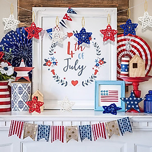 18pcs 4th of July Star Rattan Decoration, Red Blue White Stars for 4th of July Independence Day Home Decor DIY Craft Vase Bowl Filler Table Decoration