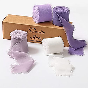 Serwalin 4 Rolls Chiffon Silk Ribbon 1.5" x 7Yd Gauze Frayed Edges Purple Handmade Fringe Ribbons Set for Wedding Invitations, Bridal Bouquets, Gifts Wrapping, DIY Crafts (4 Rolls 28 Yards)