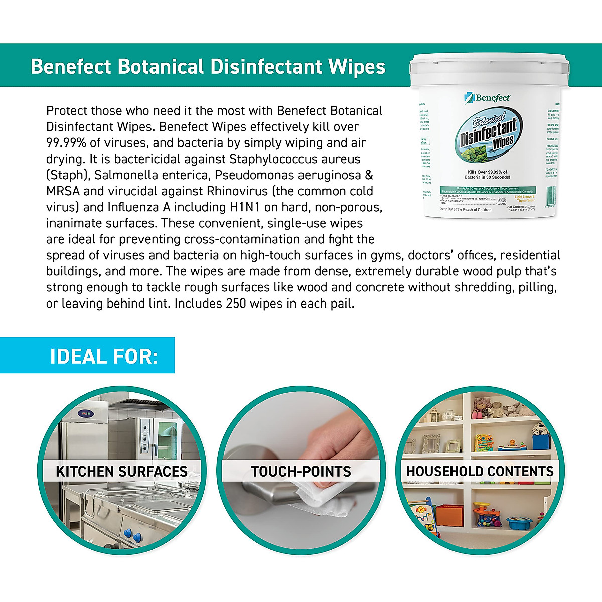 Benefect Botanical Disinfecting Wipes - (250 Wipe Count) Natural, No Residue - Antibacterial Disinfectant, Multi-Surface Cleaning and Sanitizing Wipes