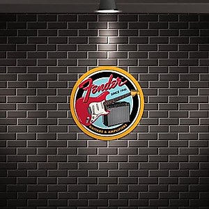 Desperate Enterprises Fender Guitars & Amplifiers Round Aluminum Sign with Embossed Edge - Nostalgic Vintage Metal Wall Decor - Made in USA