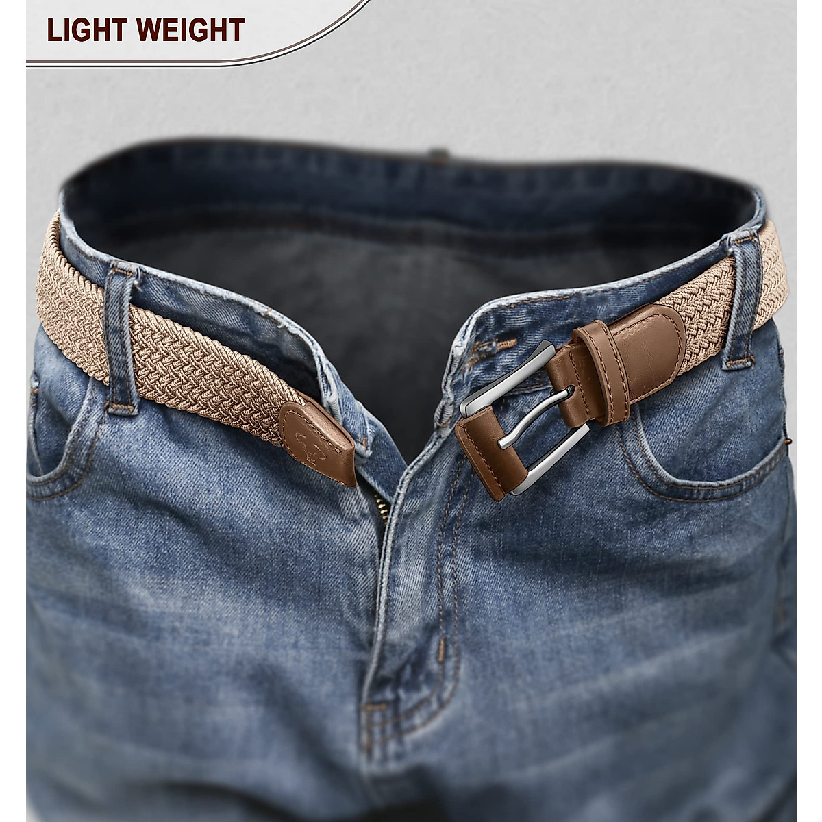 BULLIANT Stretch Belt Men,Mens Gift Woven Braided Web Belt 1 3/8 for Golf Casual Pants Shirts Jeans(Beige,46"-50" Waist Adjustable)