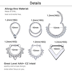 Dyknasz Septum Jewelry 16G Surgical Steel Nose Rings Hoop Septum Clicker Ring with Clear Diamond CZ Cartilage Helix Daith Earring Piercing Jewelry for Women Men 10mm (3/8")