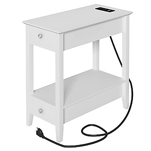 Treocho Side Table with Charging Station, Narrow End Table with Storage, 2-Drawer Nightstand with USB Ports & Power Outlet, White Sofa Bedside Table for Small Spaces, Living Room, Bedroom