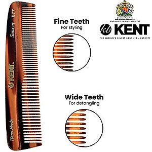 Kent R7T Small Fine/Wide Tooth Comb, Double Tooth Hair Pocket Comb for Hair, Beard and Mustache, Coarse/Fine Hair Grooming Comb for Men, Women and Kids. Saw Cut Hand Polished. Handmade in England