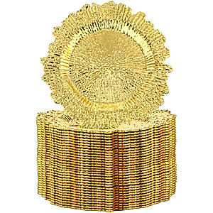 32 Pack Charger Plates Set Reef Plate Chargers for Dinner Table Serving Tray Floral Plastic Decorative Plates for Table Setting Wedding Party, 13 Inch (Gold)