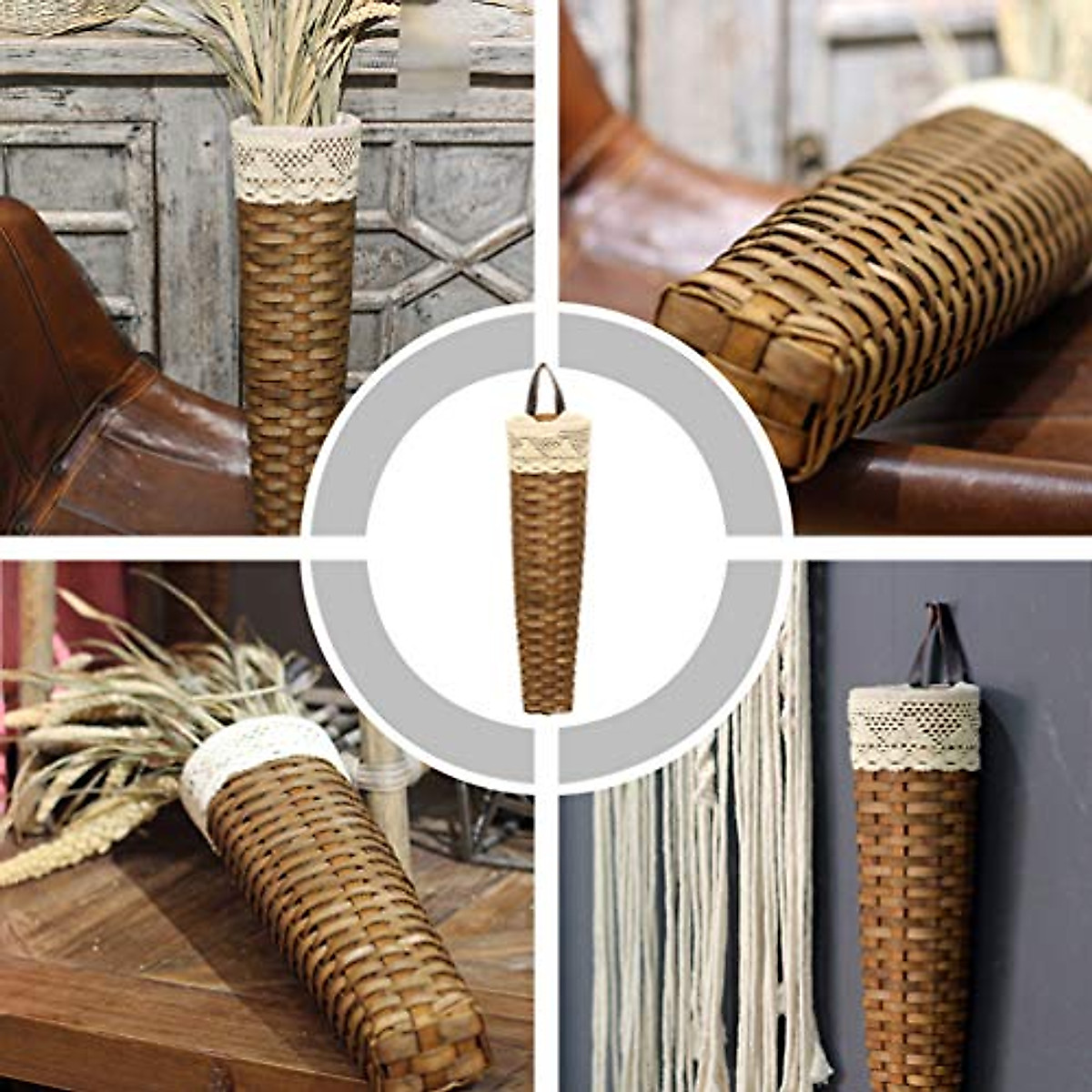 Cabilock Woven Hanging Basket Wicker Rustic Handmade Long Storage Basket Plant Hanger with Lace Trim for Indoor Plants Home Wall Decor (Khaki)