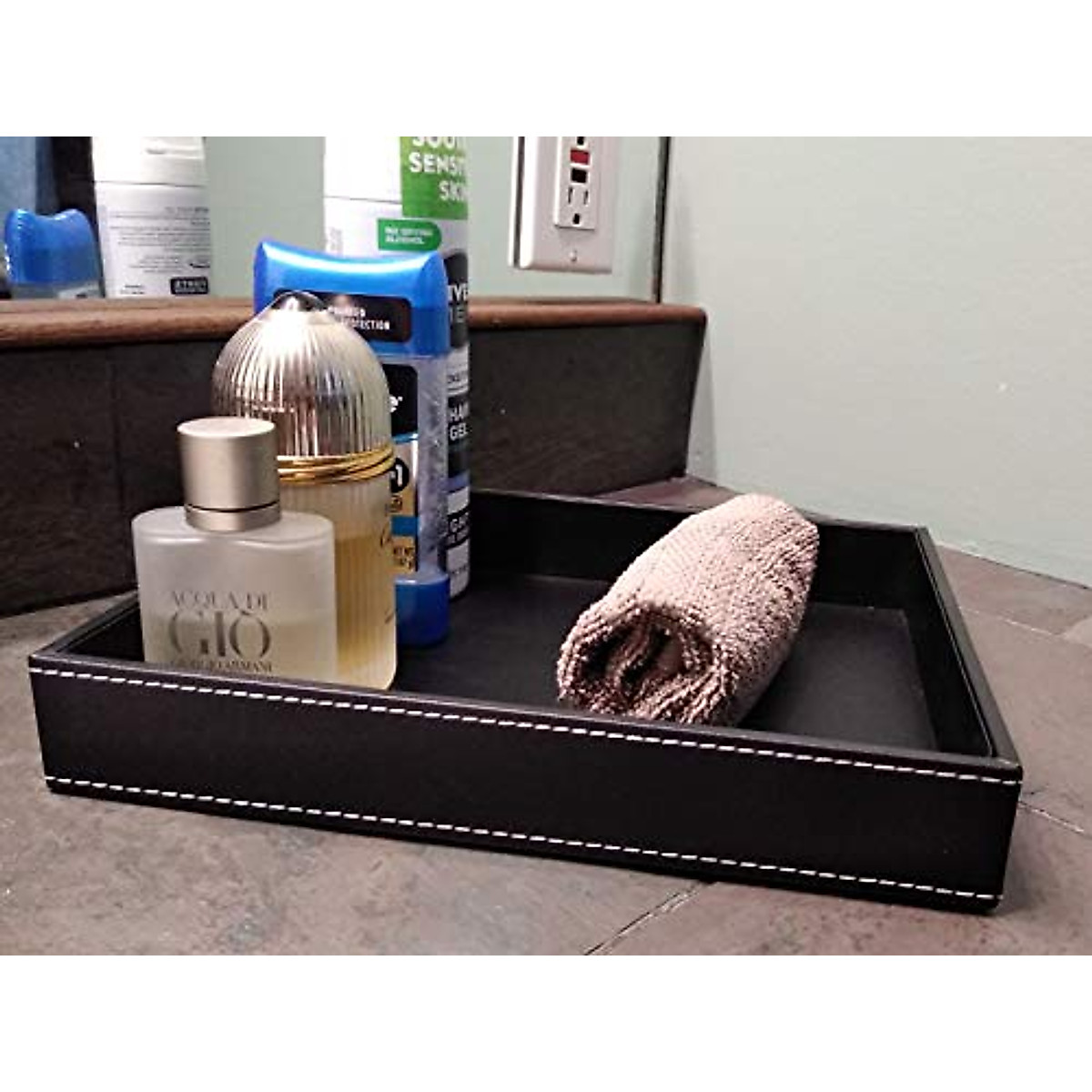 Valet Tray, Dresser Organizer, Desk Tray, Bedside Organizer, Key Bowl, Nightstand Organizer for Men, EDC Tray, Black PU Leather, 10.3 x 8.3 x 1.6 inches