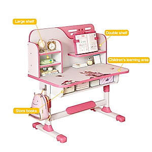 Premium Kids Study Desk Chair Set,Height Adjustable Children's Desk and Chair School Study Table Chair with Astronaut Pattern,Ergonomic Desk Chair with Writing Board, Bookshelf and Drawer Pink
