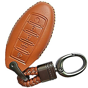 Hand Sewing 5 Buttons Leather Key Fob Cover Case Remote Holder Bag for 2017 2018 Nissan Rogue Maxima Altima Sedan Pathfinder Brown