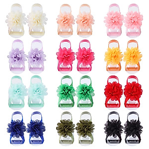 Cinaci 12 Pairs 2.8" Solid Colorful Chiffon Flower Barefoot Sandals Elastic Ribbon Strap String Soleless Footless Shoes Floral Bows Feet Wraps Accessories for Baby Girls Newborns Infants Toddlers Kids