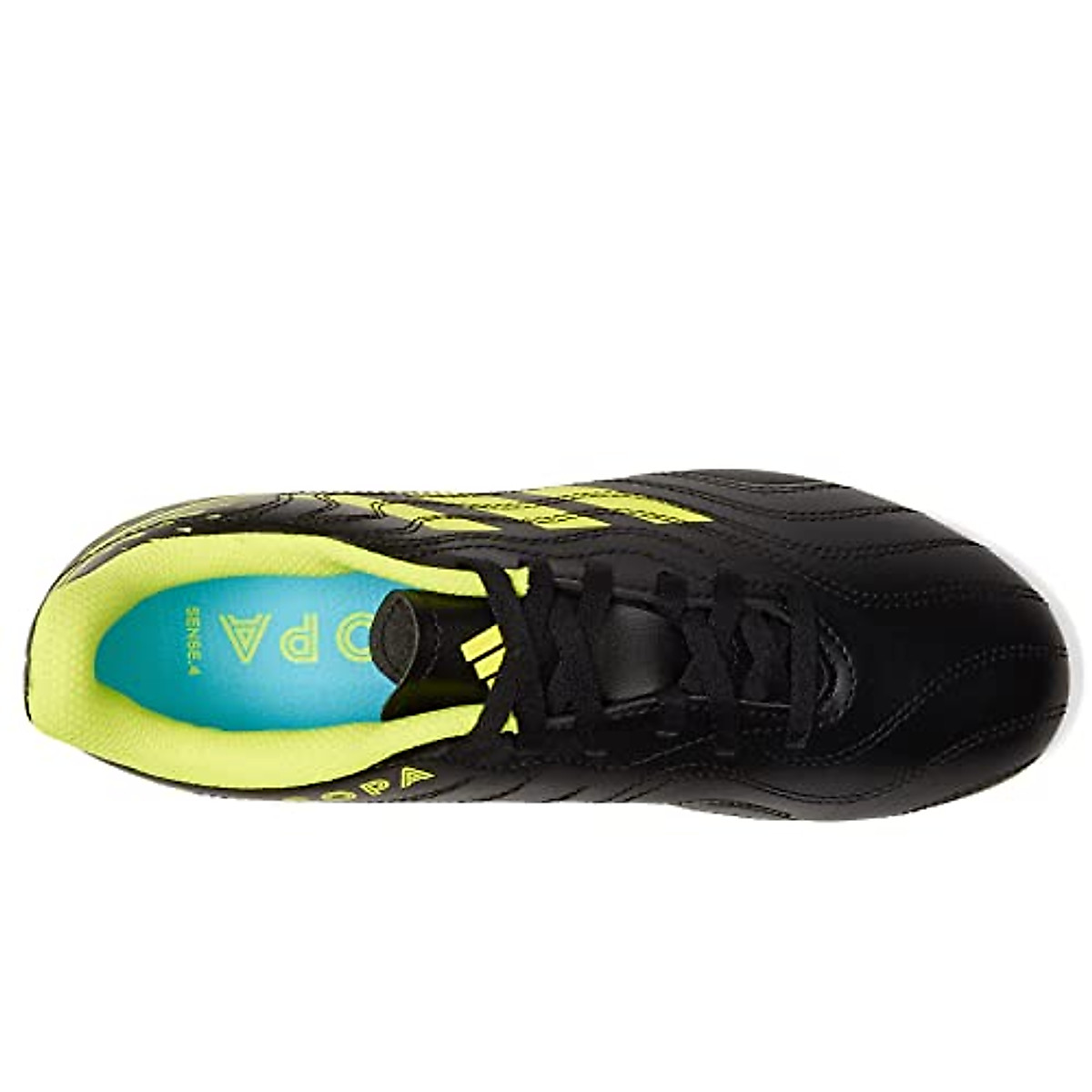 adidas Copa Sense.4 Flexible Ground Soccer Shoe, Black/Team Solar Yellow/Bright Cyan, 1 US Unisex Little Kid