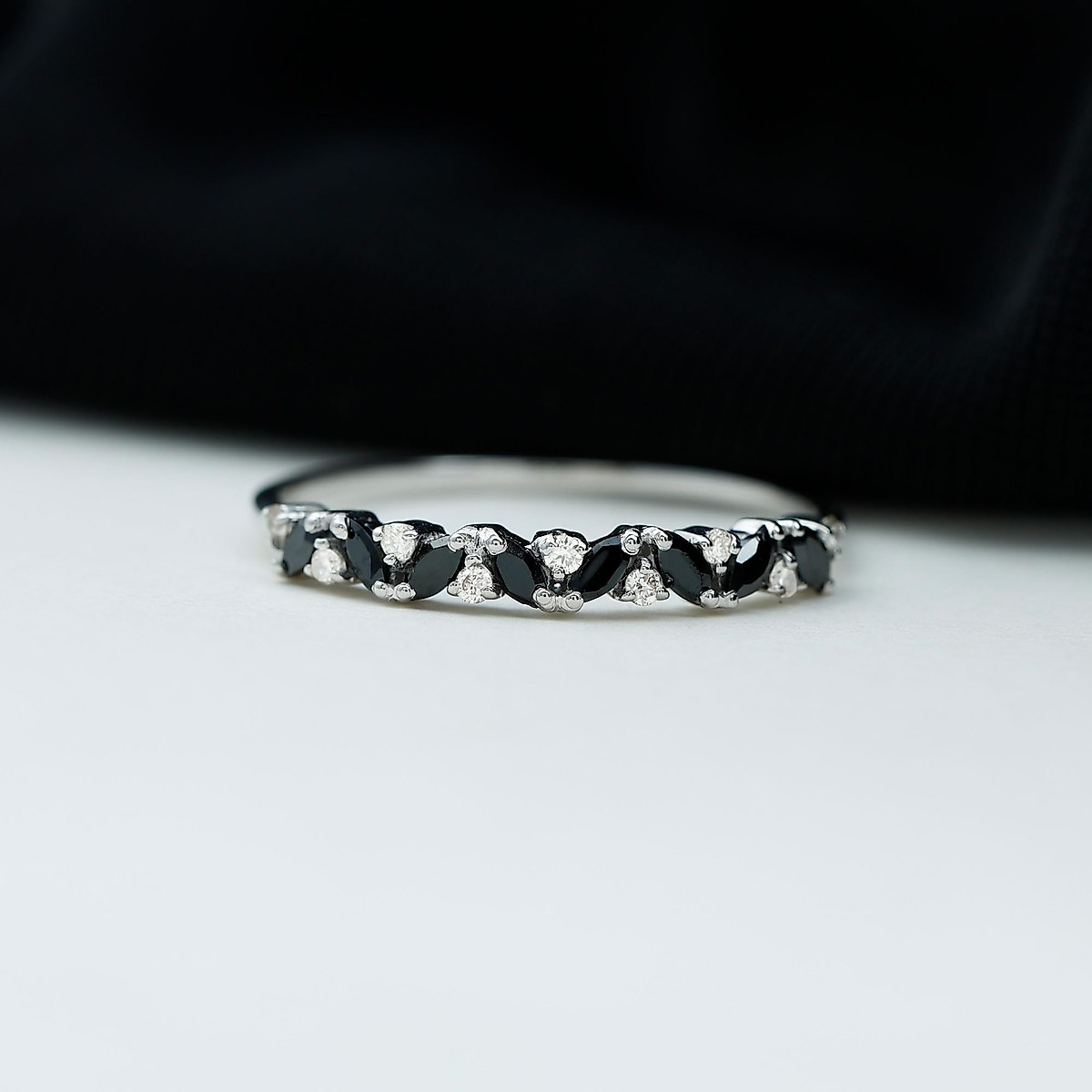 Lab Created Black and White Diamond Ring, Marquise Cut Created Black Diamond Semi Eternity Ring, 14K White Gold, Size:US 8.00